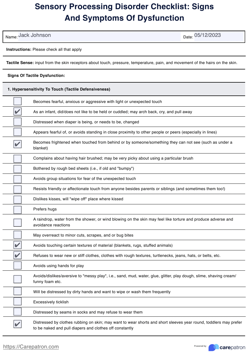 Sensory Processing Disorder Checklist Example Free PDF Download